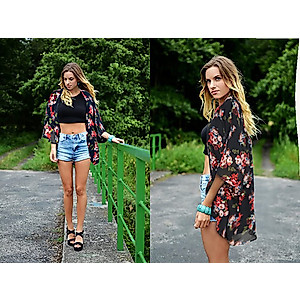 Women's Floral Print Puff Sleeve Kimono Cardigan Loose Cover Up Casual Blouse Tops(BLACK S)