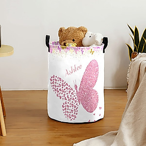 Personalized Laundry Basket, Pink Confetti Butterfly Custom Storage Bins Laundry Hamper with Name Collapsible Toys Organizer