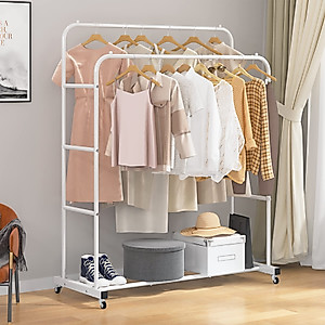 Laiensia Double Rods Clothing Rack with Wheels, Garment Rack for Hanging Clothes, Multi-functional Bedroom Clothes Rack, White