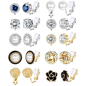 FIBO STEEL 10 Pairs Clip Earrings for Women Clip On Earrings for Non Pierced CZ Flower Simulated Freshwater Pearl Twist Knot Clip Earrings Sets Gold Silver Tone (Mix-color)