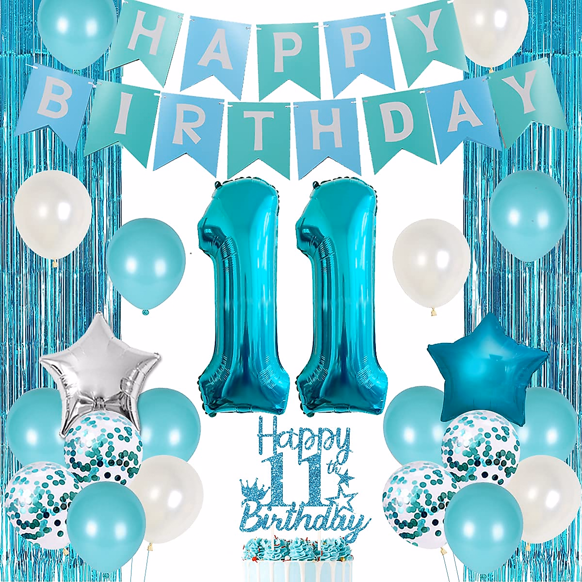 11th Birthday Decorations for Girls Teal - Happy 11th Birthday Decorations Eleventh Birthday Cake Topper Teal Fringe Curtain Turquoise Banner Number 11 Foil Balloon, 11 Year Old Girl Gift Ideas