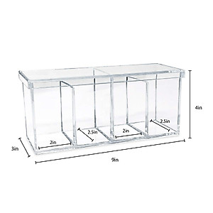 Isaac Jacobs 4-Compartment Clear Acrylic Organizer with Lid (9” L x 3” W x 4” H), Makeup Brush Holder, Sectional Tray, Storage Solution for Makeup, Crafts, Office Supplies & More (1, Clear)