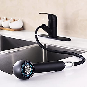 BZOOSIU Stainless Steel Pull Out Sprayer Kitchen Sink Faucet with Deck Plate, Single Lever Low Arch Rv Kitchen Faucet, 1-Hole or 3-Holes Installation Bar Faucets, Matt Black