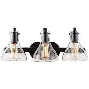 Possini Euro Design Sorren Industrial Modern Wall Light Black Metal Hardwired 20 1/2" 3-Light Fixture Curving Clear Glass Shade for Bedroom Bedside Bathroom Vanity Living Room Hallway Dining House