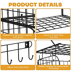 ALIESTFDNO Garage Shelves Wall Mount with Wire baskets, 8-IN-1 Heavy Duty Garage Wall Shelving with Garden Tool Rack 2pack & 6pcs Hooks, Wire Shelf Baskets Tool Shelves for Home Garage Garden Storage