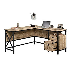 Sauder Steel River L-Shaped Desk, L: 59.84" x W: 57.32" x H: 29.53", Milled Mesquite Finish