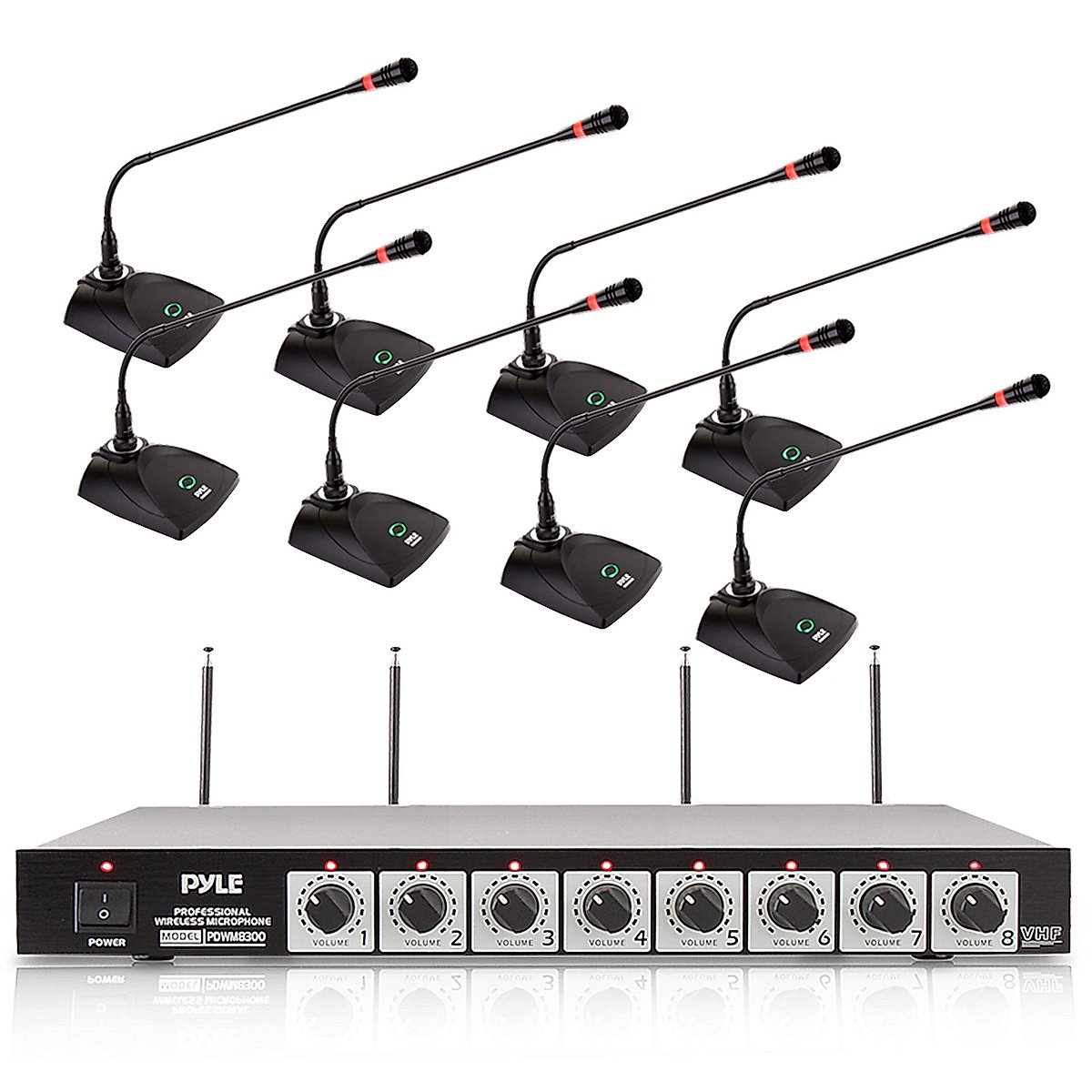 Pyle 8 Channel Wireless Microphone System - Portable VHF Cordless Audio Mic Set with 1/4" and XLR Output, Dual Antenna, - Includes 8 Table Top Mics, Rack Mountable Receiver Base - Pyle PDWM8300,Black