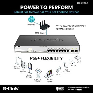 D-Link 10-Port Gigabit Smart Managed PoE+ Switch | 8 PoE+ Ports (130W) + 2 SFP Ports | L2+ | VLANs | Web Managed | Surveillance Mode | Desktop or Rackmount | Fanless | NDAA Compliant (DGS-1210-10MP)