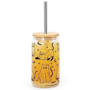 Nefelibata Halloween Ghost Cat Iced Coffee Cup 16 OZ Beer Can Glass Glass with Lid Metal Straw and Brush, Reusable Drinking Jar for Coffee Tea Soda Juice Fall Halloween Christmas Gift Ideas Set of 1
