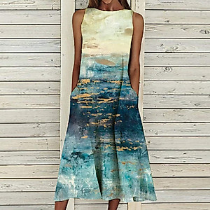 Padaleks Womens Summer Beach Holiday Dress Sleeveless Crewneck Loose Sundress Casual Tank Dresses with 2 Pockets Blue
