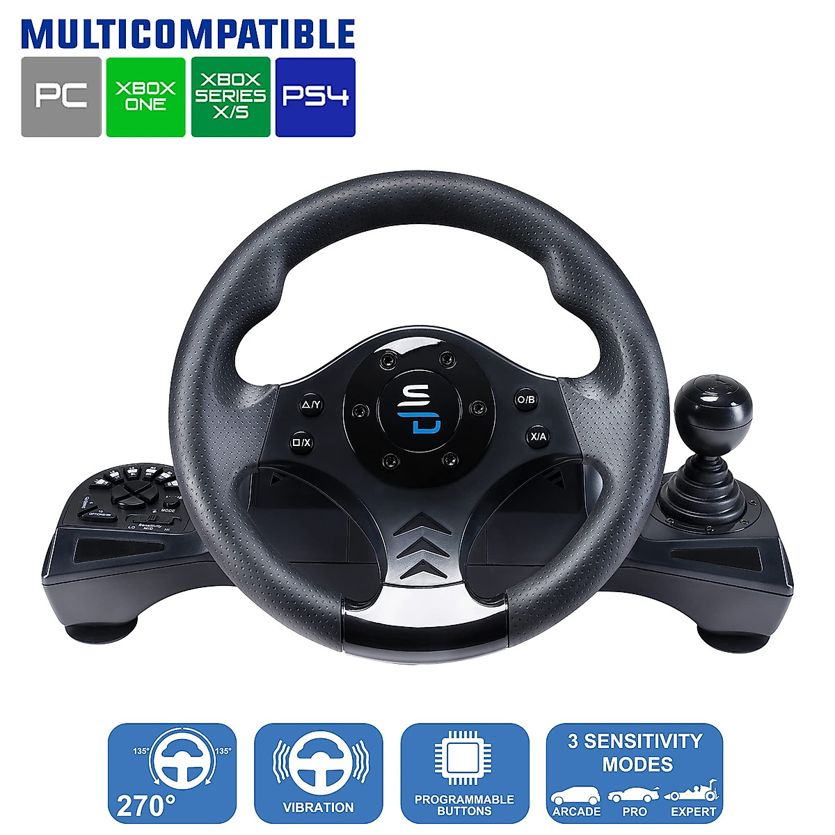 Superdrive - GS750 racing steering wheel with pedals, paddles, shifter and vibration for Xbox Serie X/S, PS4, Xbox One, PS3, PC (programmable for all games)