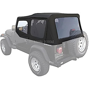 Sierra Offroad Soft Top for 1988 to 1995 Jeep Wrangler YJ - Black, Sailcloth Vinyl - 2 Door Jeep Soft Top with Rear Plastic Tinted Windows - Factory Precision Fit Replacement - With Upper Door Skins