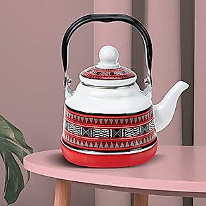 Zerodeko 1.1L Enamel Tea Kettle Stovetop Teapot Porcelain Enameled Teakettle Farmhouse Geometric Patterns Hot Water Kettle Pot for Camping Outdoor Kitchen Hotel Red