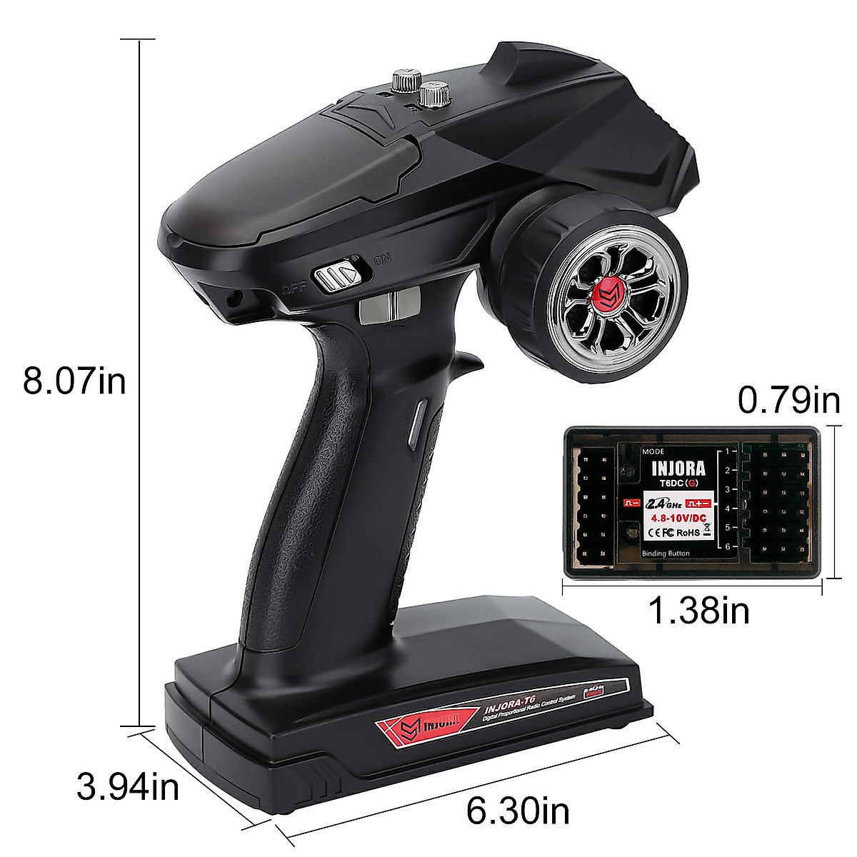 INJORA RC Transmitter 2.4GHz 6CH Controler and Receiver with Gyro Remote Inside Receiver for 1/8 1/10 RC Car Boat Tanks Crawler TRX4 SCX10 Upgrade Parts