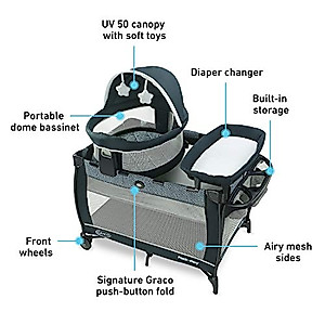 Graco Pack 'n Play Travel Dome LX Playard | Includes Portable Bassinet, Full-Size Infant Bassinet, and Diaper Changer, Leyton