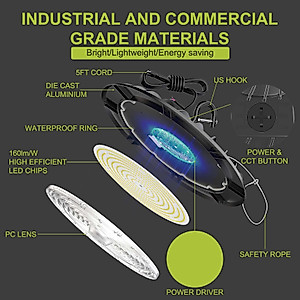 Hylele UFO LED High Bay Lights 150W-120W-100W Adjustable Commercial Bay Lighting 24000lm 6000K/5000K/4000K 0-10V Dimmable Plug-in for Warehouse Workshop