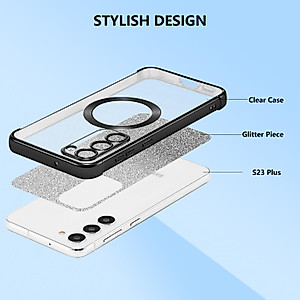 ZTOFERA Clear Magnetic Case for Samsung Galaxy S23 Plus 5G with Gradient Glitter Peice(2 in 1), Luxury Plating Cute Transparent Bling Sparke Case for Women Girls,Shockproof TPU Protector Cover-Black