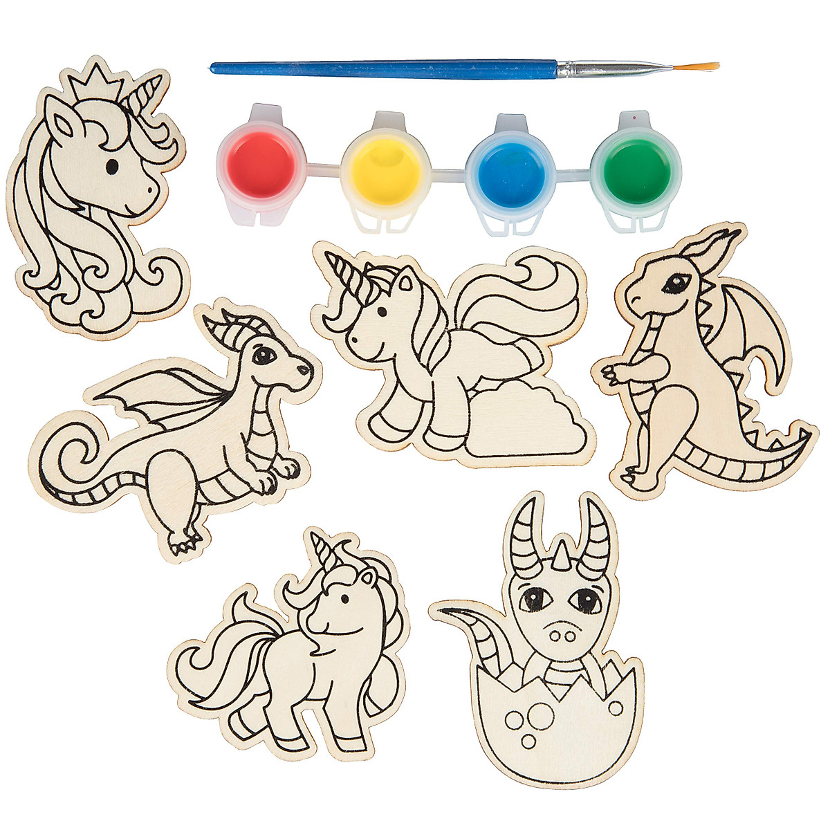 Valentines Cards for Kids Classroom -Dragon & Unicorn Wood Painting Kits (24ct)-Great Valentine's Day Gifts for Kids School Exchange -Each Valentine has Craft, Paints, Brush & Sticker for Boys & Girls