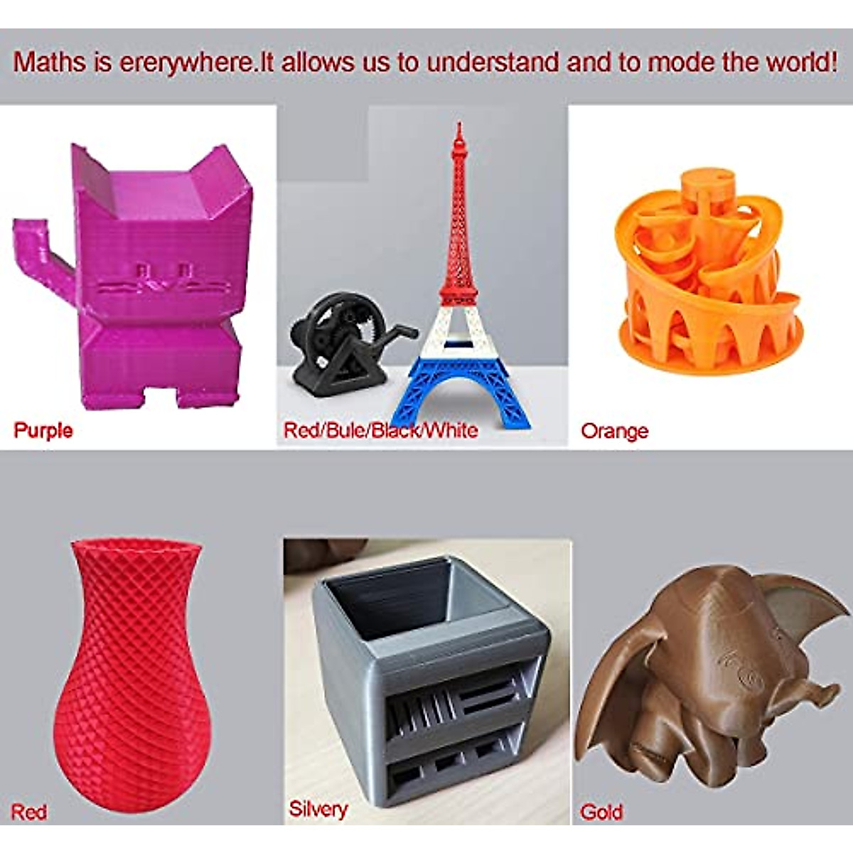 Maths PLA+ 3D Printer Filament 1.75mm (±0.02 mm), Total 1Kg/2.2lb, 0.25Kg/Spool Independent Vacuum Package. 4 Colors Pack for 3D Printer & 3D Pen---Purple, Yellow,Black, White.