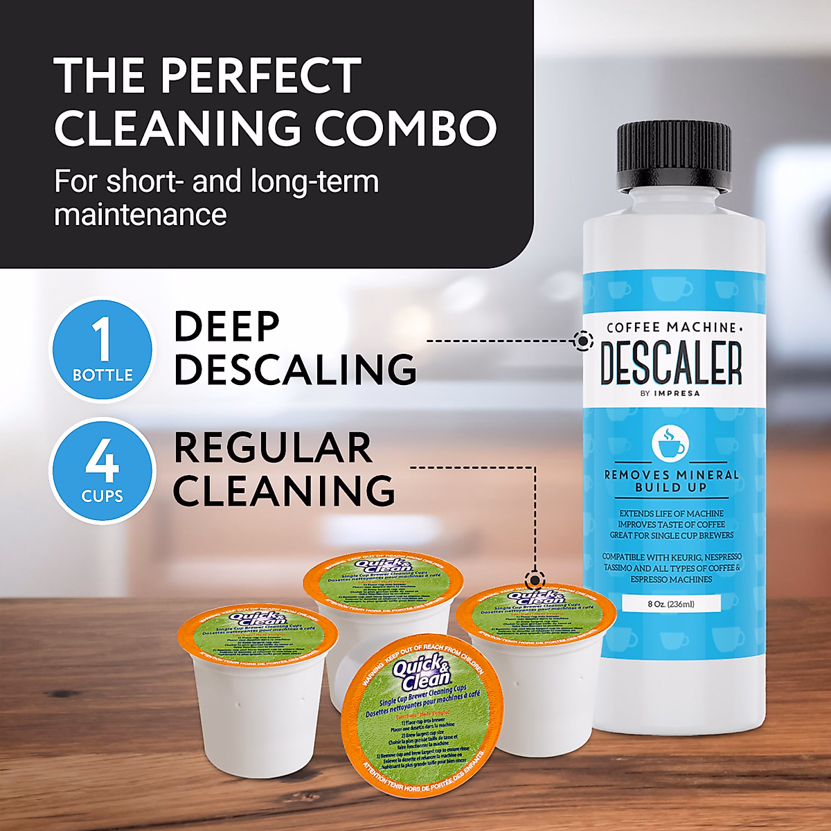 IMPRESA Cleaning and Descaler Kit - 2 Uses Per Bottle Plus 4 Cleaning Cups Compatible with Keurig K-Cup Pod Machines - Made in USA - Universal Descaling Solution and Stain Remover