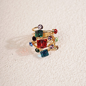 YERTTER Boho Colorful Crystal Ring Spring Flower Ring Floral Cluster Stretch Ring Sparkly Rhinestone Crystal Statement Ring Gift for Teens