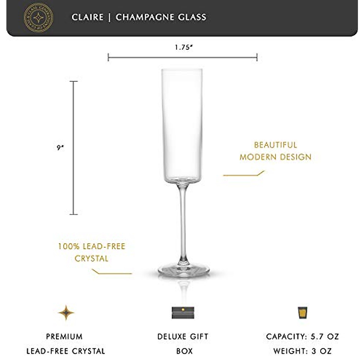 JoyJolt Champagne Flutes – Claire Collection Crystal Champagne Glasses Set of 2 – 5.7 Ounce Capacity – Exquisite Craftsmanship – Ideal for Home Bar, Special Occasions – Made in Europe