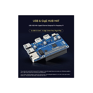 waveshare USB 3.2 Gen1 and Gigabit Ethernet HUB HAT for Raspberry Pi 4 B 3 B+ 3 B 2B Zero Zero 2 W Zero WH,3X USB 3.2 Gen1 Ports, 1x Gigabit Ethernet Port,Compatible with USB 3.0/2.0/1.1