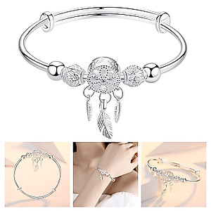 Luckilemon Silver Dream Catcher Tassel Feather Charm Bracelet Bangle Adjustable Mother's Day Jewelry Gift Birthday Christmas Gifts for Women Mom Wife