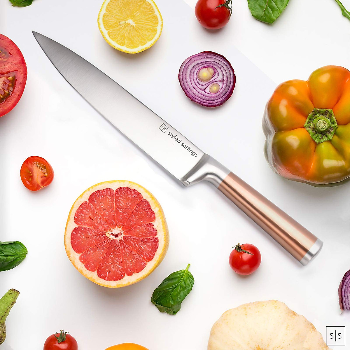 Copper Knife Set with Walnut Knife Block - Premium 13 PC Stainless Steel Knife Sets for Kitchen with Block - Rose Gold Knife Set With Block, Rose Gold Kitchen Accessories & Copper Kitchen Accessories