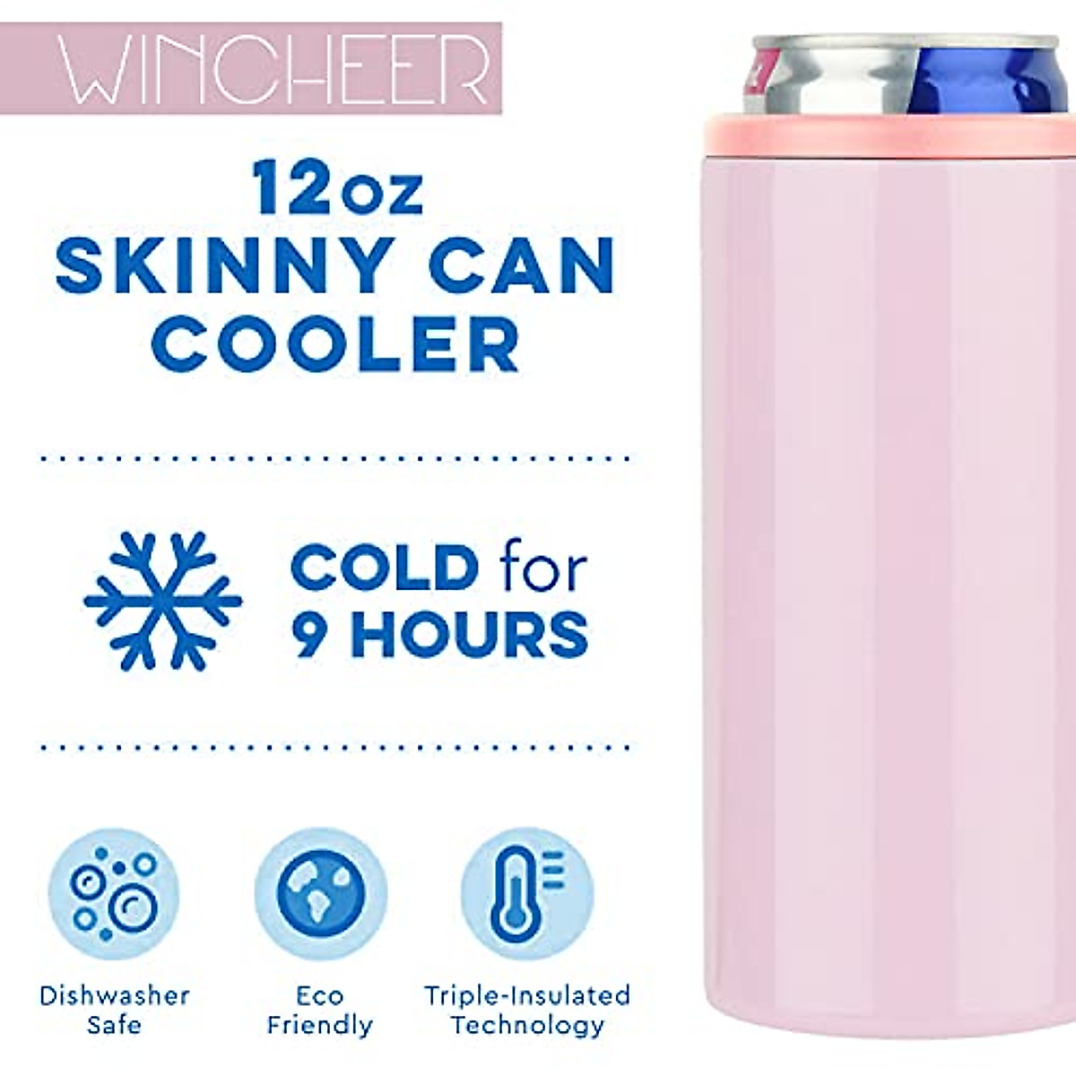 WinCheer 12 Oz Can Cooler with Reusable Straw, Double-walled Vacuum Stainless Steel Slim Can Holder for Beer Soda Beverage Energy Drinks Skinny Cans Sleeve (Pink)
