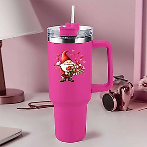 LB LEOBON 40 ounce insulated cup with handle, double-layer vacuum stainless steel material, equipped with straw, can keep warm or maintain cold drinks Red Love Gnome E Bright pink