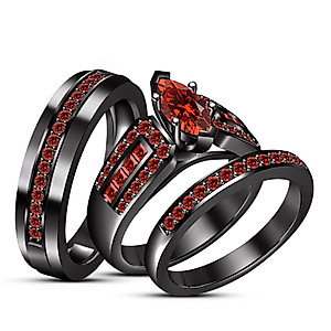 14K Black Gold Over Marquise & Round Cut Red Garnet 925 Sterling Silver Diamond Wedding Engagement Trio Ring Set for His & Her