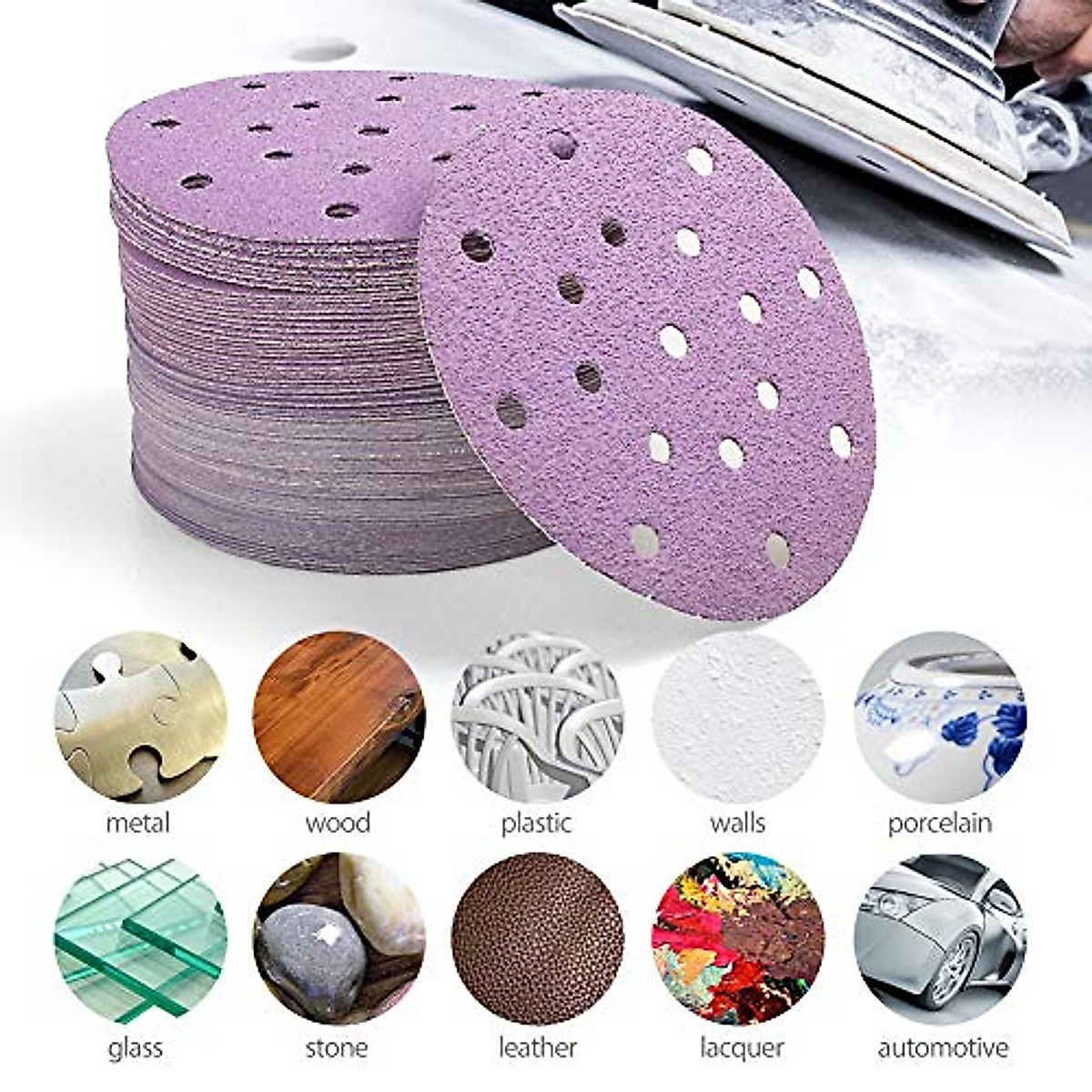 LotFancy Sanding Discs, 6 Inch 17 Hole, 100PCS 40 60 80 120 180 220 240 320 400 800 Grit Assorted Professional Sandpaper, Hook and Loop Random Orbital Sander Round Sand Paper