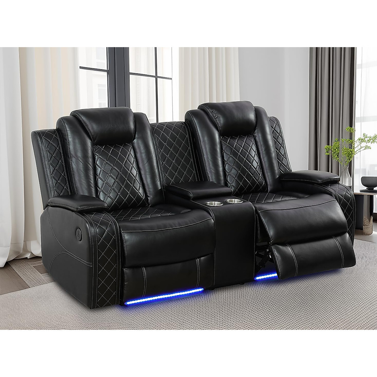 Dekmxas Living Room Sofa Set Black Breathing Leather Sofa Living Room Furniture Power Recliner Manual Adjustable Loveseat with Cup Holders/Storage Console/LED Light for Living Room, Office, Rv Car
