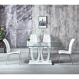 Henf 63" Contemporary Dining Table for 6, Tempered Glass Top Dining Room Table with High-Gloss Double Pedestal, Rectangle Dinner Table Kitchen Table Home Office Meeting Table (White)