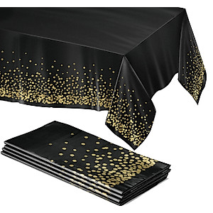 Prestee Black and Gold Table Cloths for Parties, 4pk, 54"x108" - Gold Dot Plastic Tablecloths, Black Tablecloth, Black and Gold Party Decorations, Paper Tablecloth for BBQ, Party, Fine Dining, Wedding