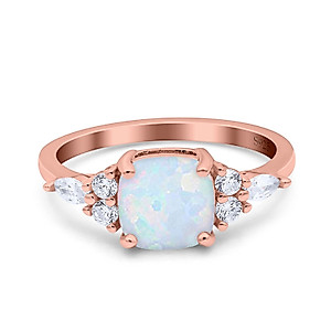 Blue Apple Co. Rose Tone, Lab Created White Opal Size-7 Cushion Cut Marquise Art Deco Engagement Wedding Bridal Ring CZ 925 Sterling Silver