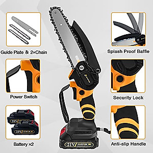 Mini Chainsaw Cordless, Electric Chain Saw, Upgraded 6 Inch Handheld Chainsaw, Small Chainsaw With Security Lock, Pruning Saw for Trees Branches Trimming Wood Cutting (2Pcs Batteries and 2Pcs Chains)