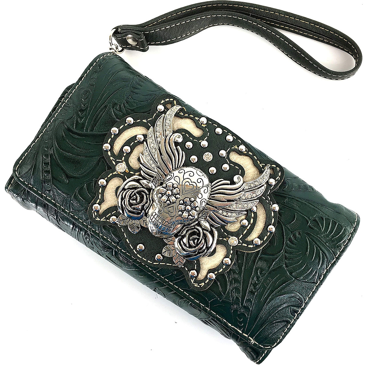 Zelris Sugar Skull Roses Angel Wing Women Crossbody Wrist Handle Trifold Wallet (Olive)