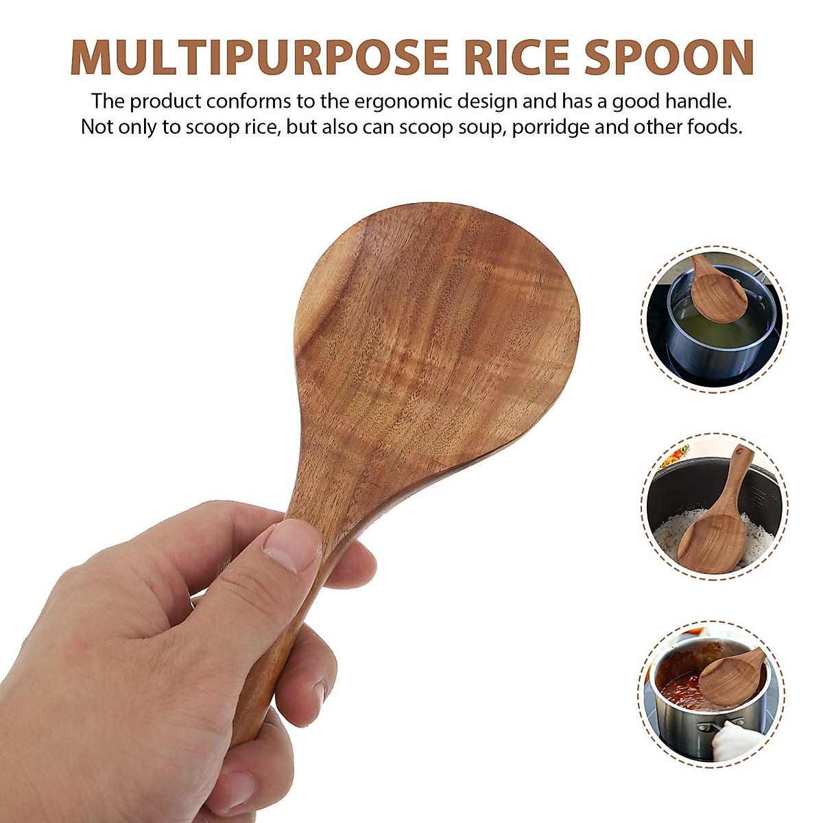 HEMOTON Wood Rice Paddle Wooden Rice Spoon Non Stick Rice Cooker Spatula Japanese Asian Rice Paddle Kitchen Rice Scoop Ladle (Wood Color)