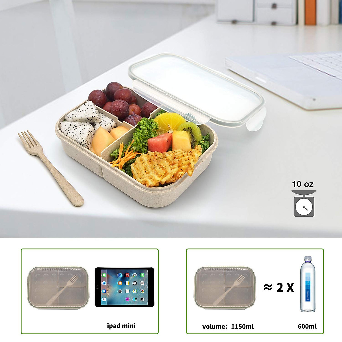 Jeopace Bento Box for Adults Lunch Containers for Kids 3 Compartment Lunch Box Food Containers Leak Proof Microwave Safe(Flatware Included, Transparent)
