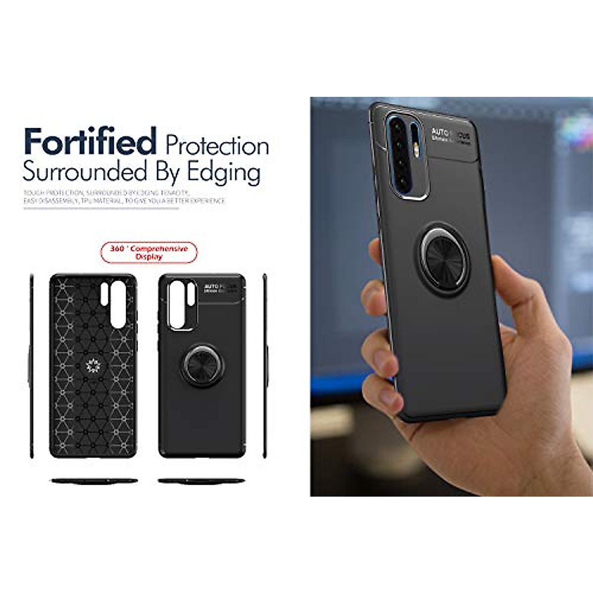 iCoverCase Compatible with Huawei P30 Pro Case with Ring Holder, Rotatable Matal Ring Kickstand [Work with Magnetic Car Mount] Shockproof Anti-Scratch Ultra-Slim Protective Case (All Black)