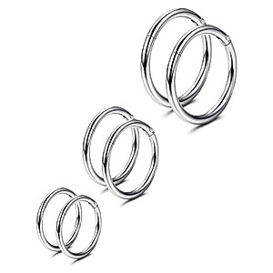 THUNARAZ 3 Pair Stainless Steel 16G Sleeper Earrings Septum Clicker Lip Nose Ring Body Piercing Silver-tone