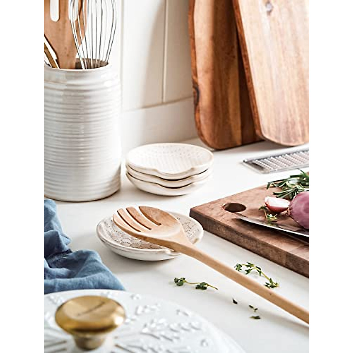 LE TAUCI Spoon Rest for Stove Top, Spoon Holder for Kitchen Counter, Embossment Housewarming Gift, Farmhouse Decor, Ceramic Accessories Utensil Rest - 4.8 inch, Set of 4, White