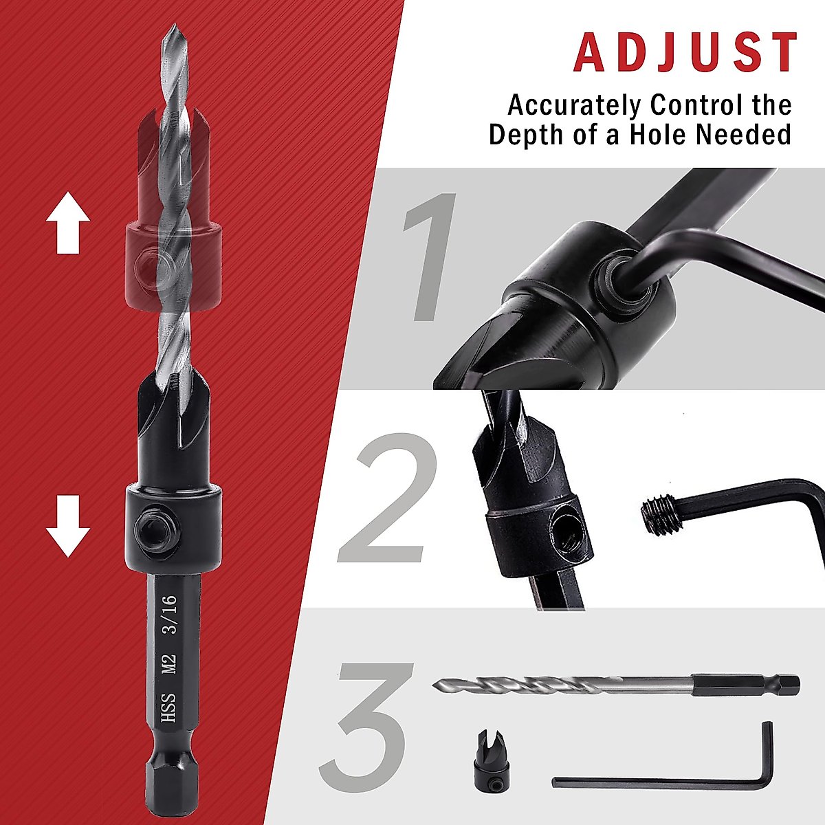 AIMLENTOOL Countersink Drill Bit Set, 5PCS Tapered Drill Bits, M2 Countersink Set with 1/4" Hex Shank Quick Change and 1 Allen Wrench for Woodworking, Pilot Screw Hole Set for Soft & Hard Wood