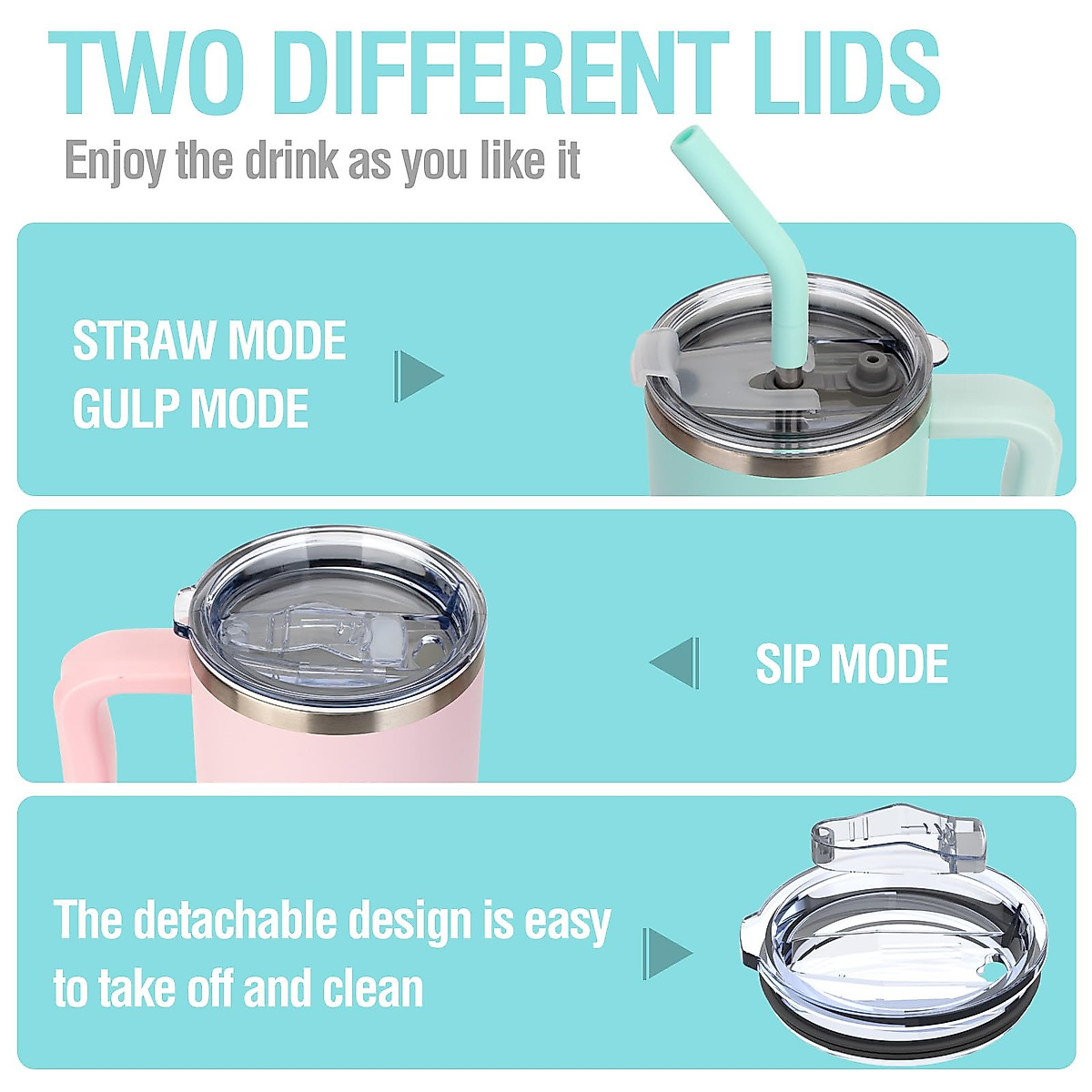 Zukro 24 oz Tumbler with Handle and Straw, Insulated Coffee Travel Mug with 2 Lids, Keep Drinks Hot Or Cold, No Sweat Leak Proof Stainless Steel Cup, Dishwasher Safe, Bubblegum