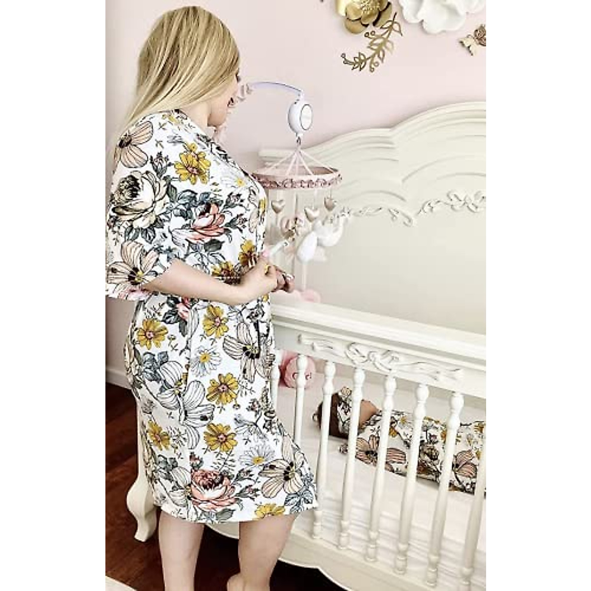 Baybou Robe and Swaddle Set Matching Mommy and Me Set Baby Girl Swaddle Blanket Gift 5-Piece Set Hospital Robe (Vintage Floral, L/XL)