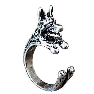 Pashal German Shepherd Dog Adjustable 3D Wrap Ring (Silver Tone)