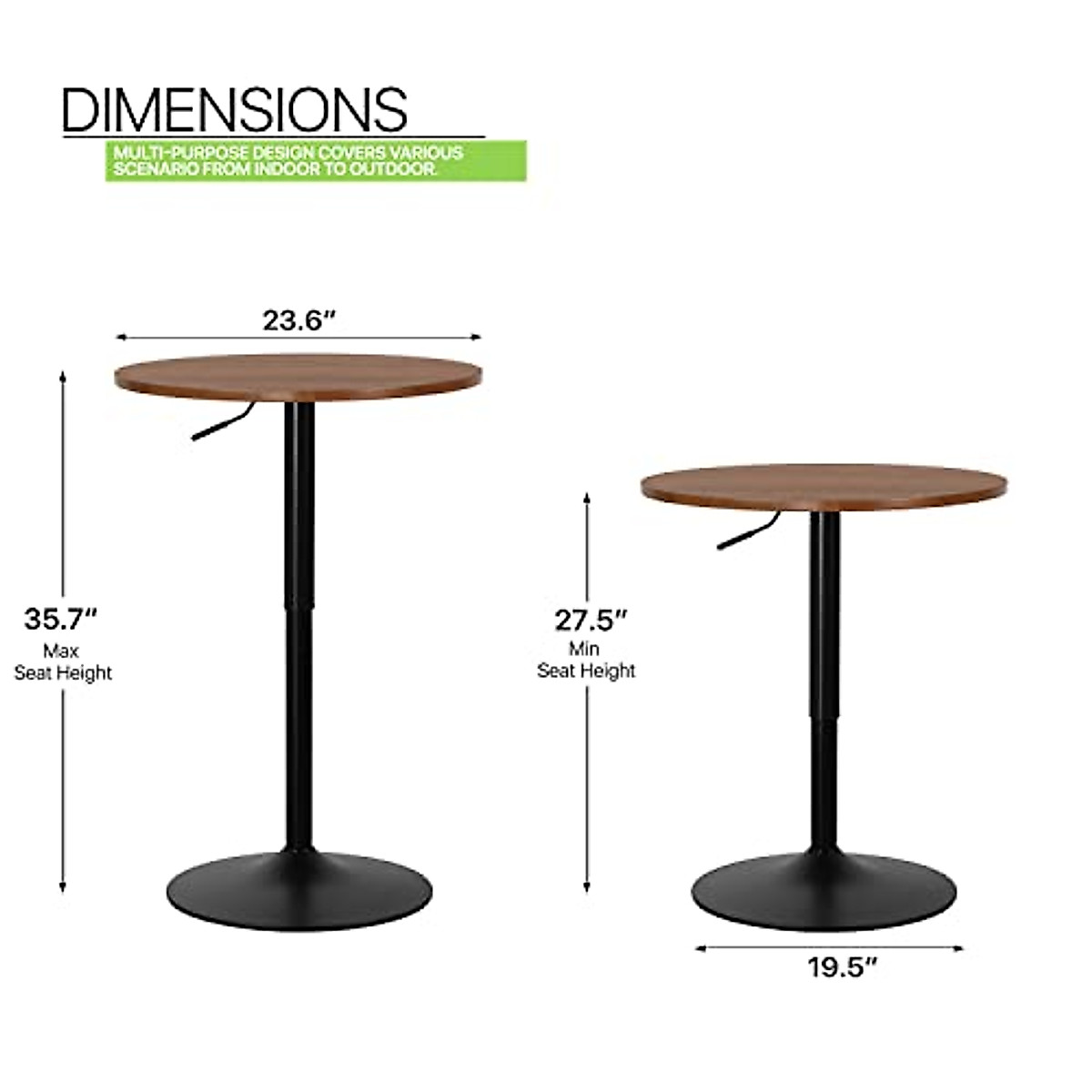 Magshion 23.5'' Round Pub Table, 360 Degree Swivel Cocktail Bar Table with Black Leg, Adjustable Height Range 27.5"-36" for Living Room Kitchen (Brown)