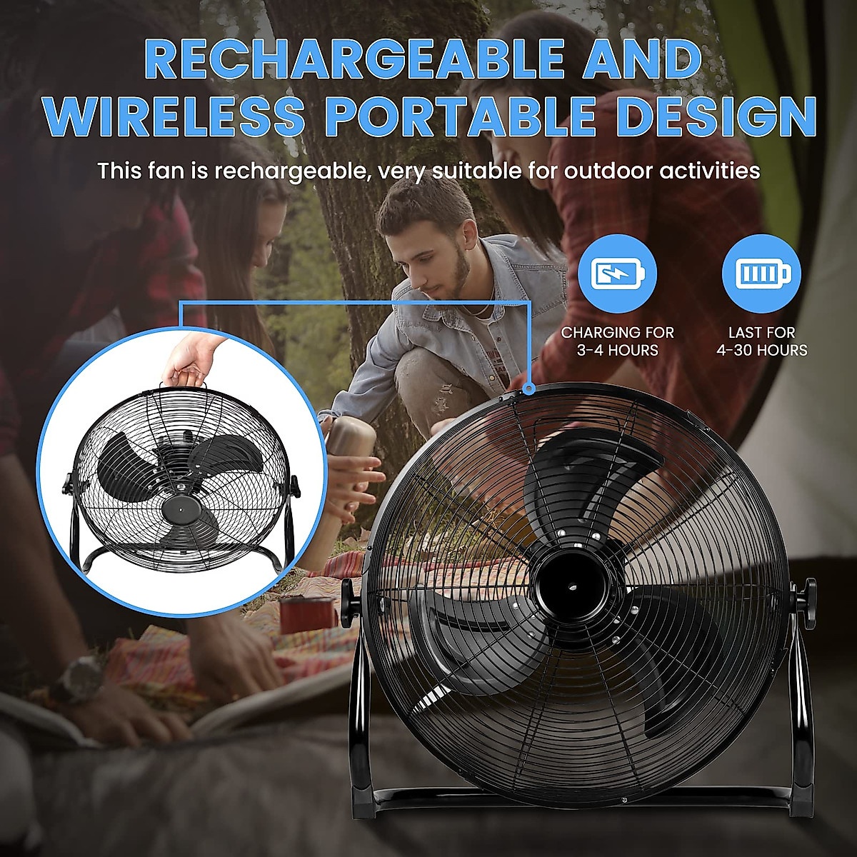 Simple Deluxe 12 Inch Battery Operated Floor Fan, Rechargeable Powered High Velocity Fan with Metal Blade, Portable Cordless Floor Fan for Outdoor, Camping, Travel
